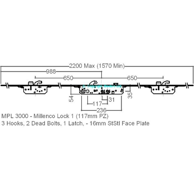 Millenco Lock 1 3 Hook 2 Deadbolt 35mm Backset Multi Point Door Lock - Dual Spindle